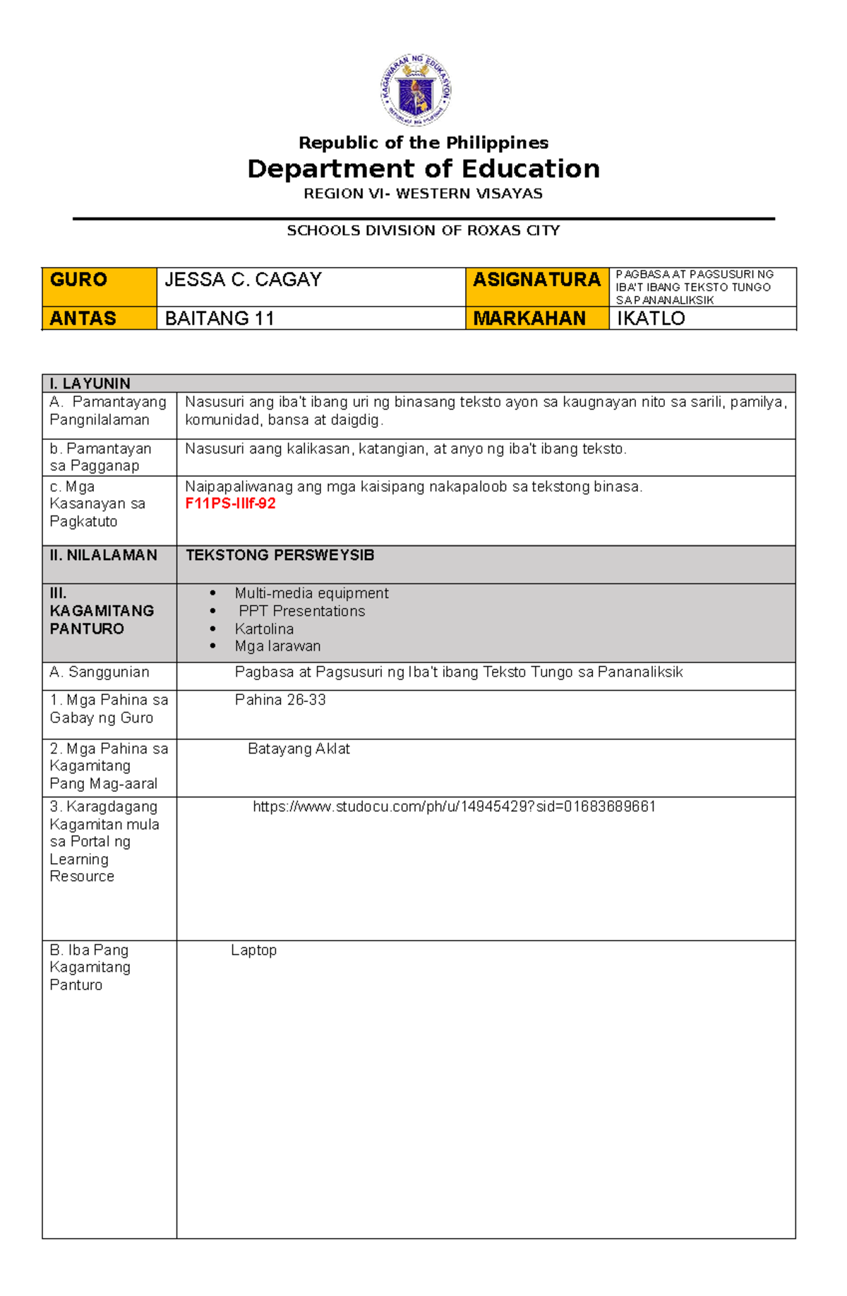 Lesson Plan para sa Demo ni J (Pagbasa at Pagsusuri ng Iba't Ibang ...