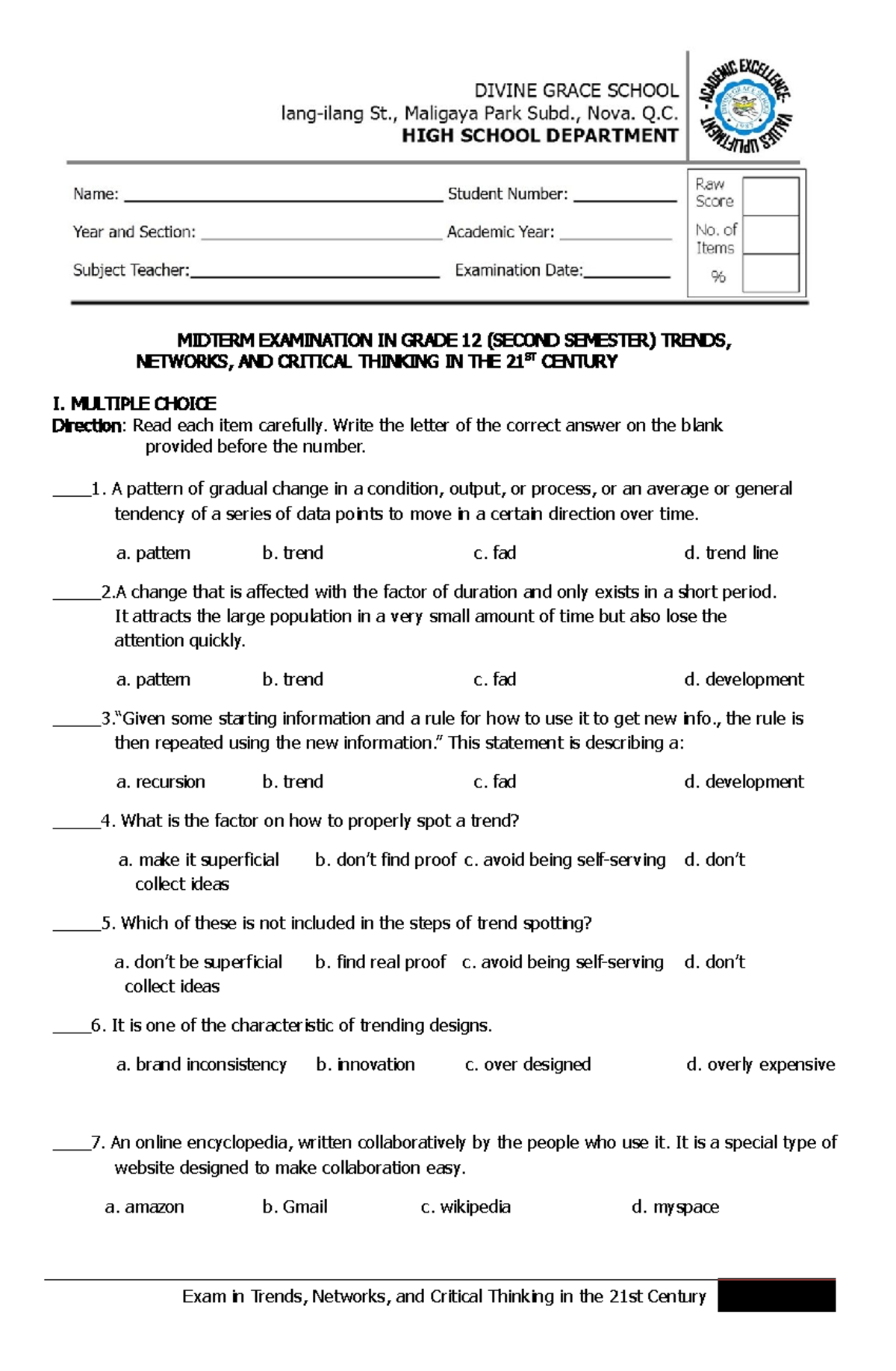 G12 MIDTERM EXAM: Trends, Networks, & Critical Thinking in the 21st Century - Studocu