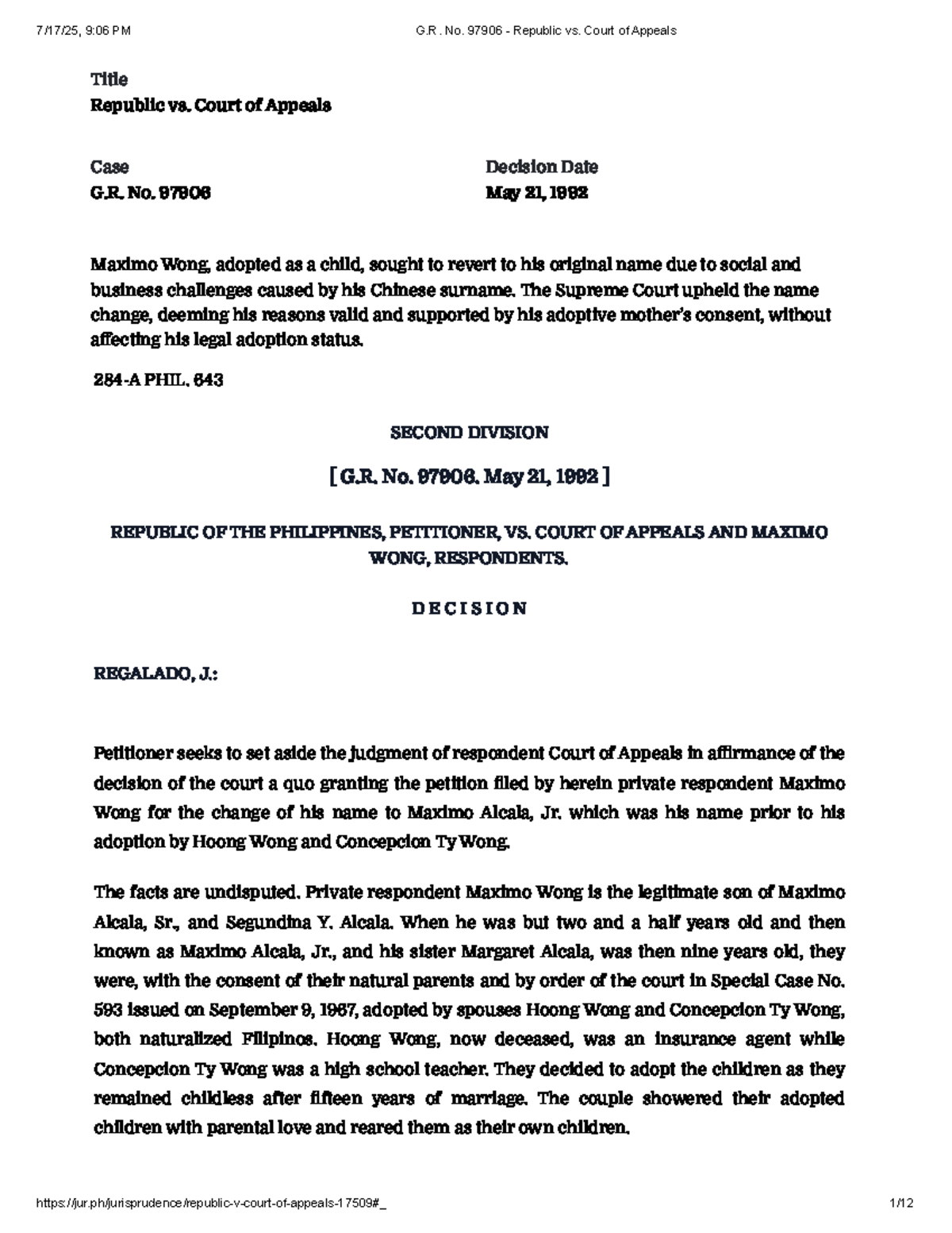 G.R. No. 97906 - Supreme Court Decision on Name Change Petition - Studocu