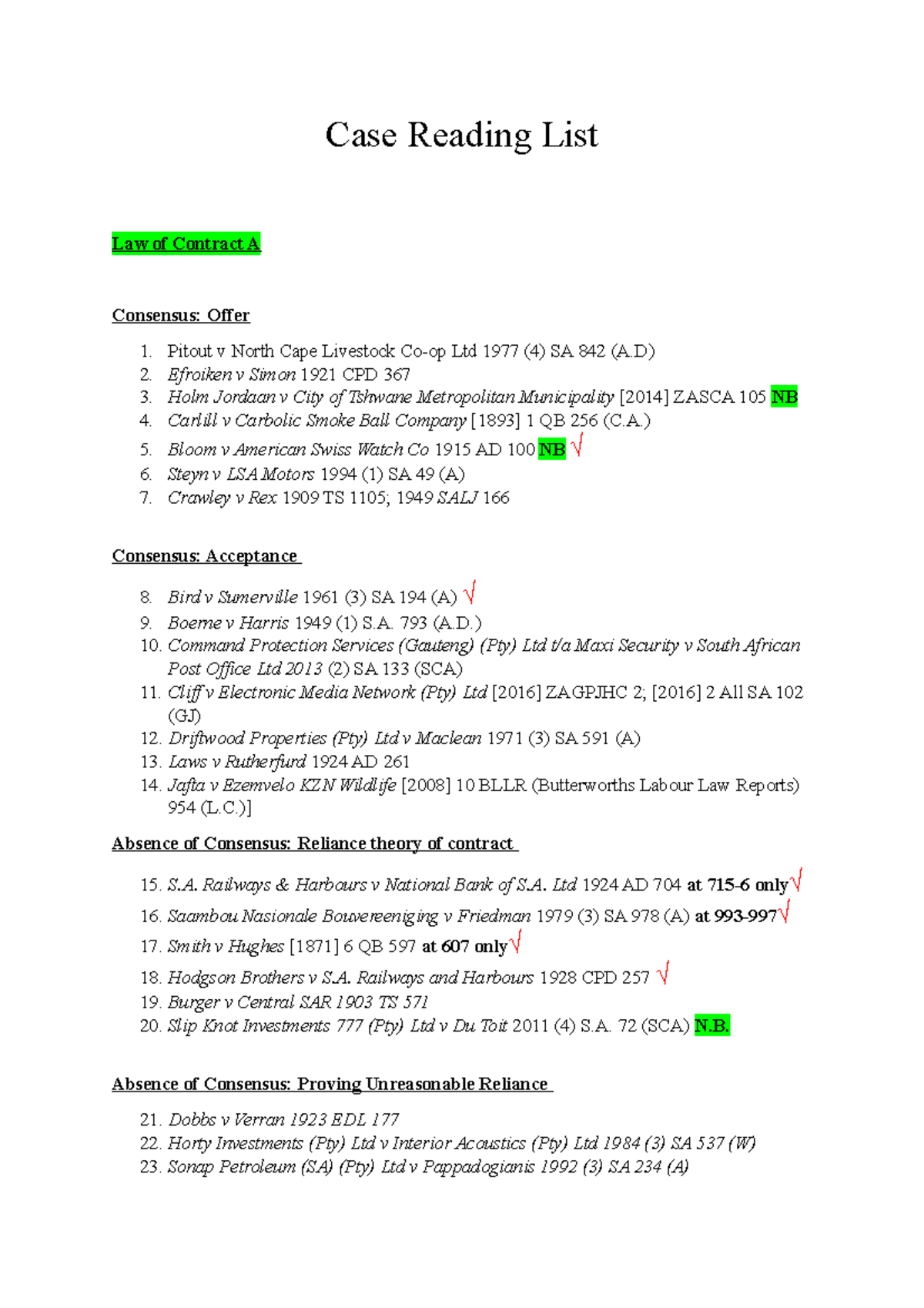 Legal Theory 3: Comprehensive Case Reading List for Contracts ...