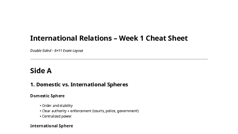 IR 101 Week 1 Cheat Sheet: Domestic vs. International Spheres - Studocu