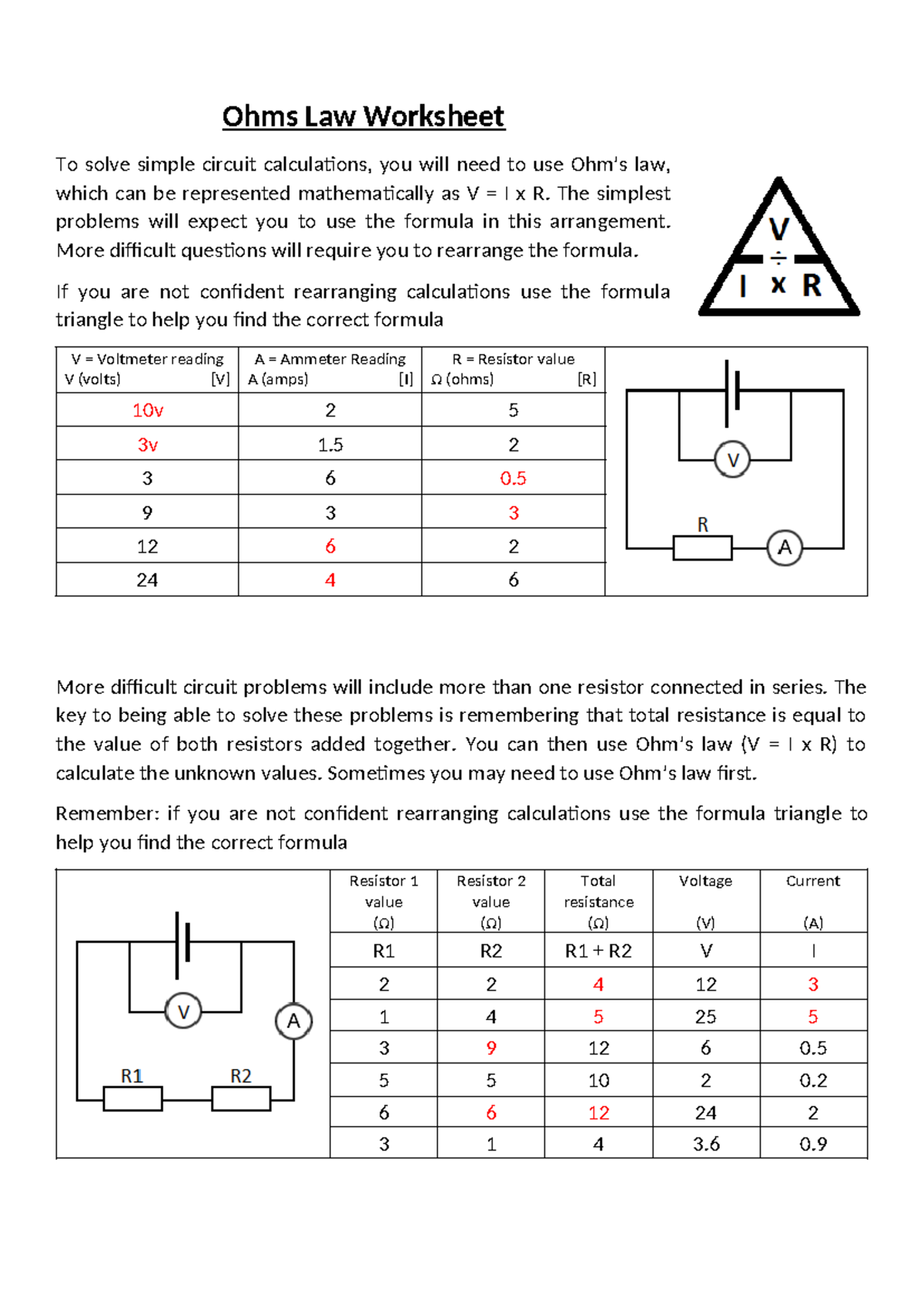7.4.2 Ohm's Law Worksheet for Circuit Calculations - Studocu