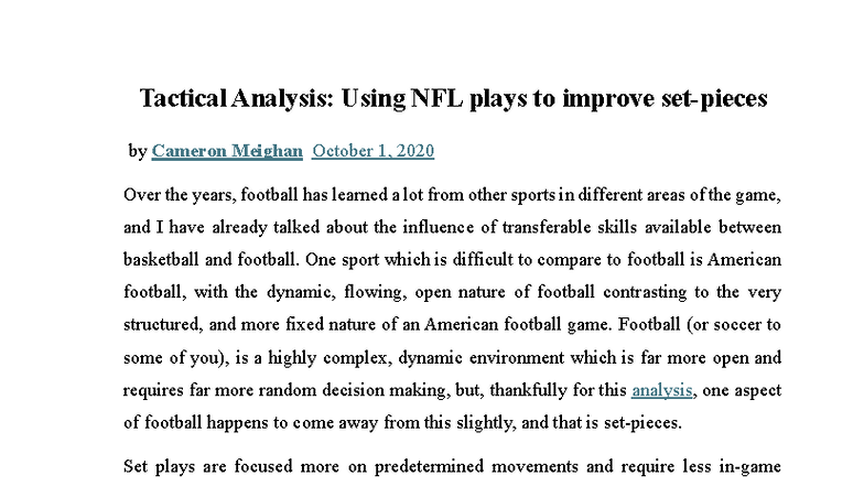 Tactical Analysis: NFL Plays to Enhance Set-Pieces in Football - Studocu