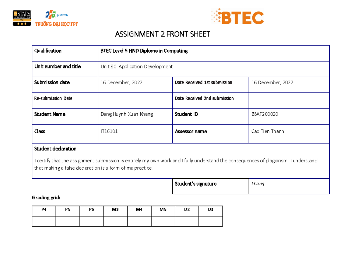 ASM2 Application Development Report by Dang Huynh Xuan Khang - Studocu