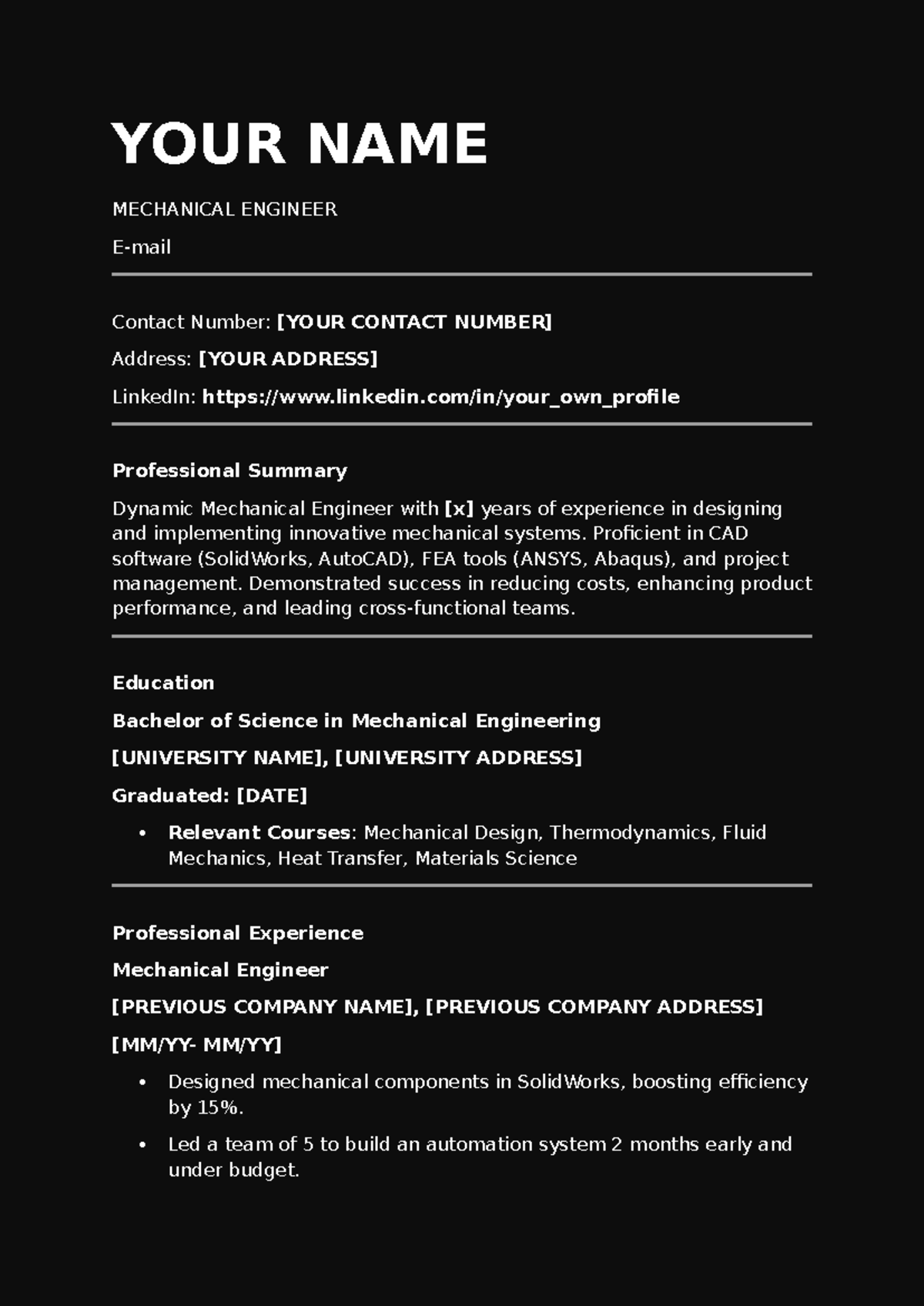 ME 101: Resume Template for Mechanical Engineers - Studocu