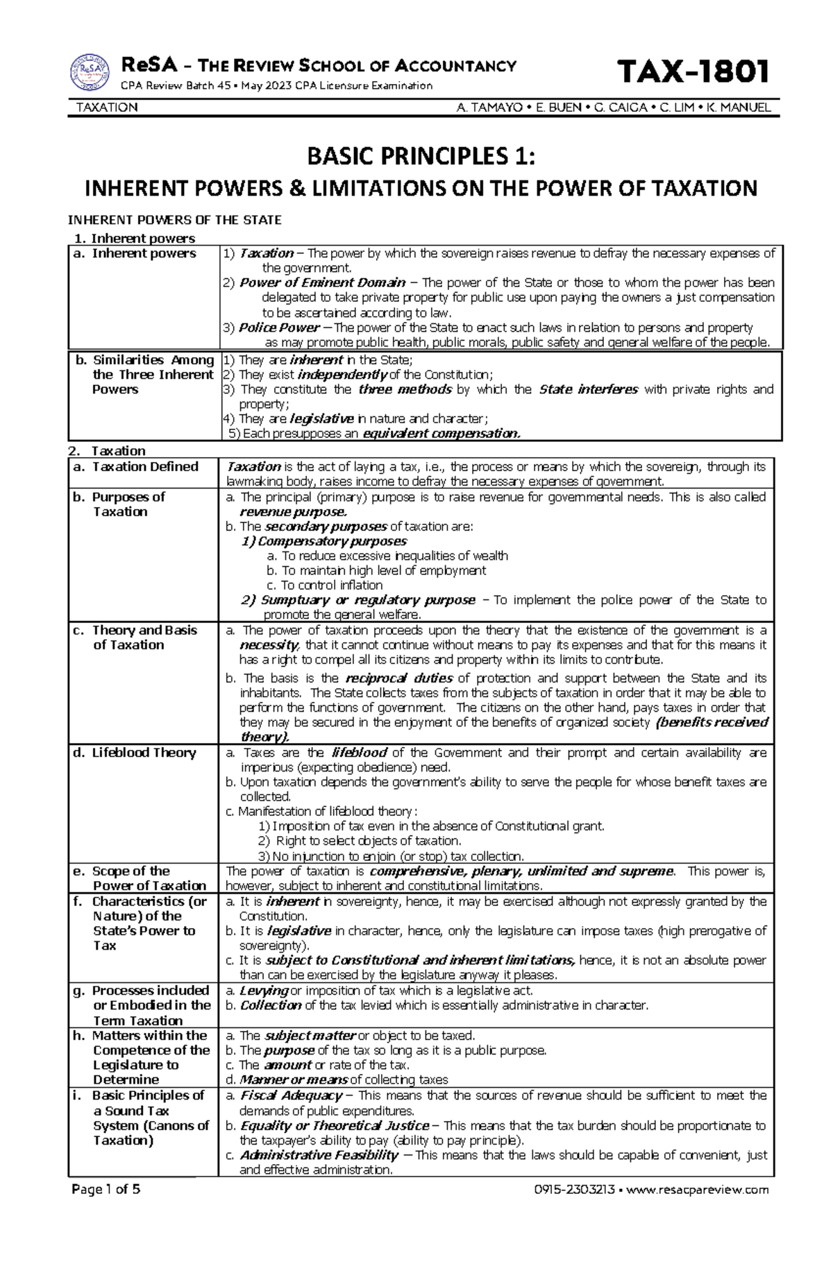 TAX-1801 Basic Principles of Taxation: Inherent Powers & Limits - Studocu