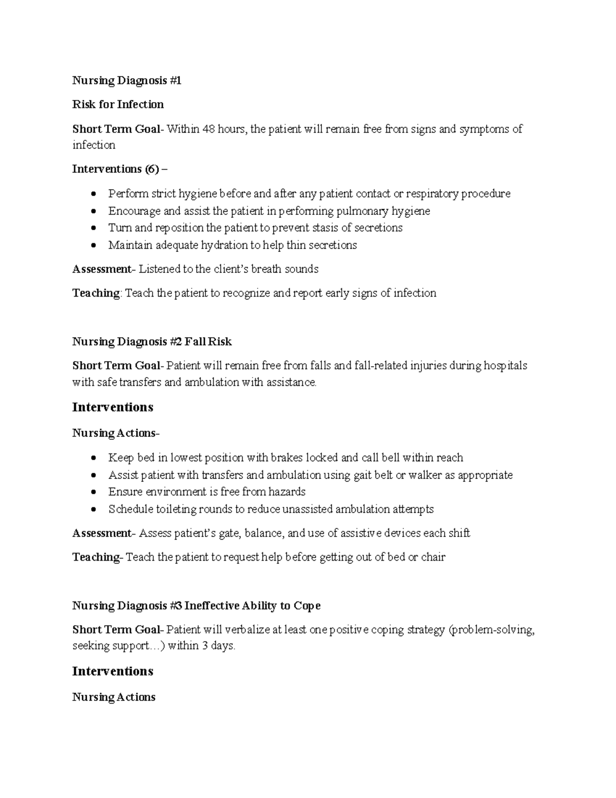Nursing Care Plan: Risk for Infection, Fall Risk, & Coping Strategies ...