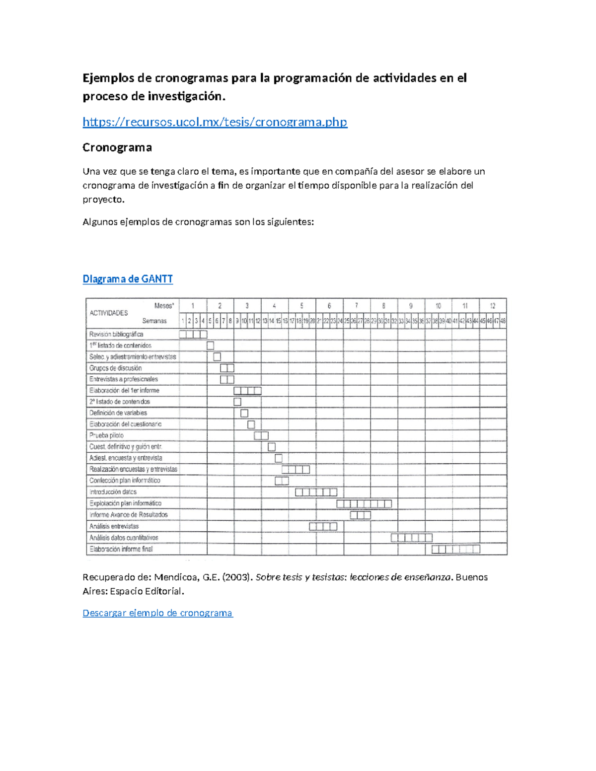 Ejemplos de Cronogramas para la Programación de Actividades en ...