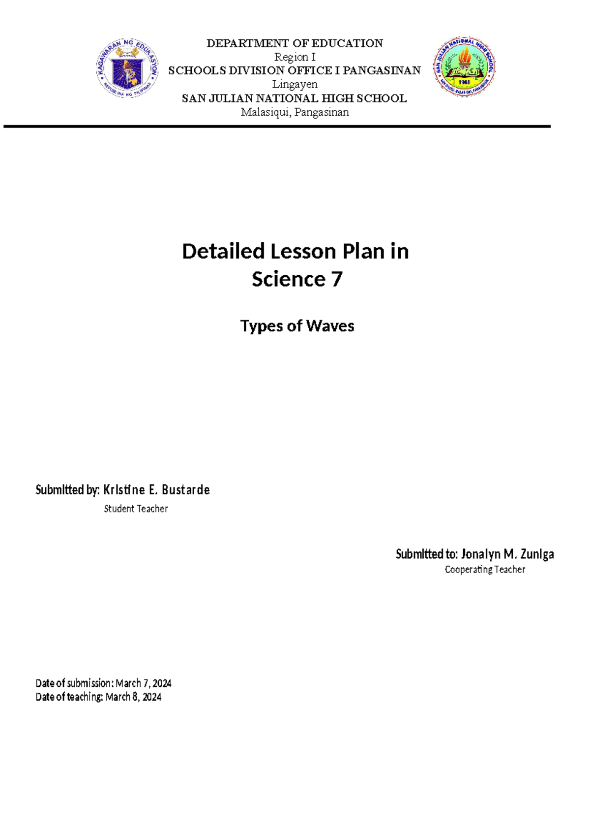 Types of Waves - Science 7 Detailed Lesson Plan - Studocu