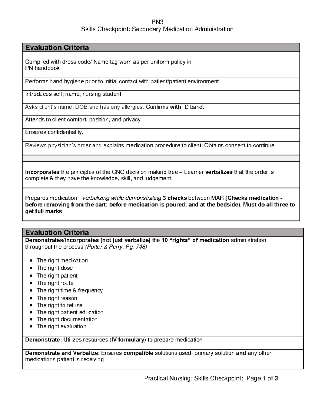 PN Lab 3 Skills Checkpoint: Secondary Medication Admin Evaluation - Studocu