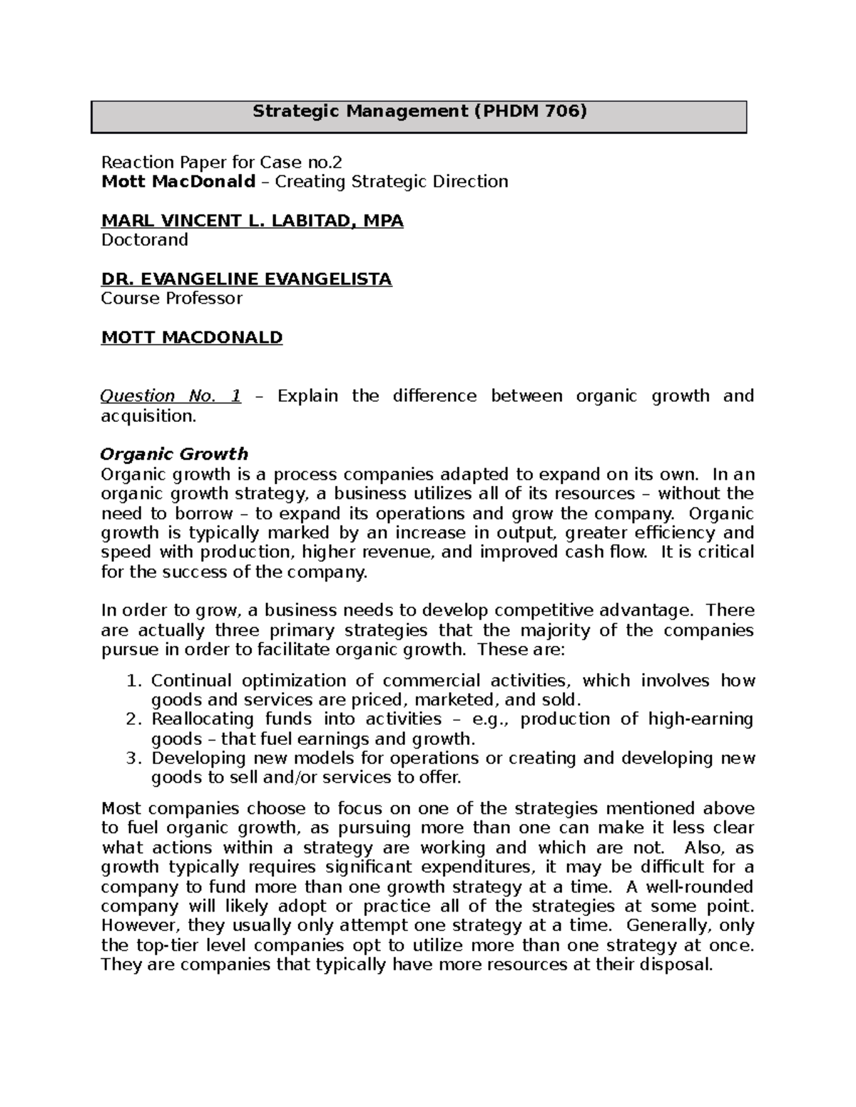 PHDM 706 Reaction Paper: Mott MacDonald Case Study Analysis - Studocu