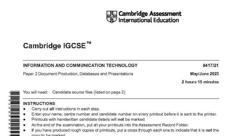 Cambridge ICT Paper 2: Document Production & Databases Exam 2023 - Studocu