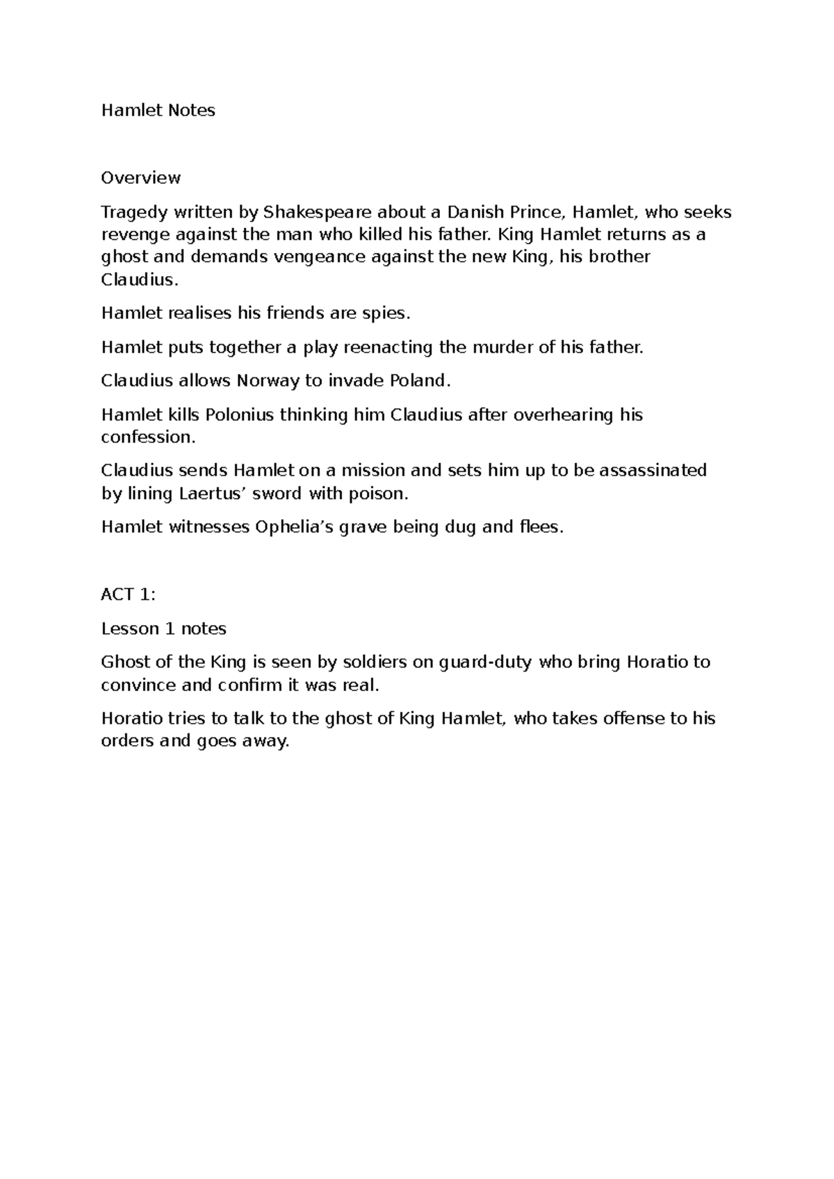 Hamlet Notes Overview: Tragedy & Revenge in English Lit - Studocu