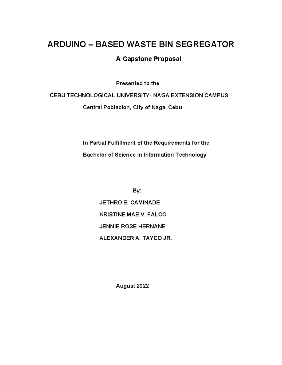 Capstone Proposal: Arduino-Based Waste Bin Segregator for IT-2022 - Studocu