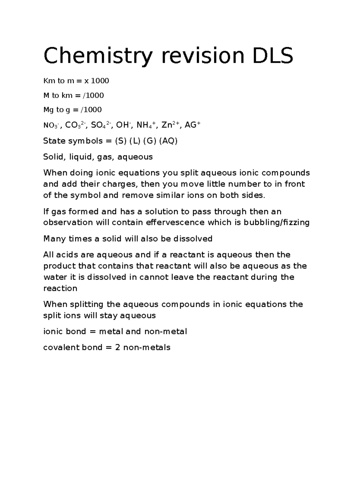 Chemistry Revision DLS: Ionic Equations & State Symbols Explained - Studocu