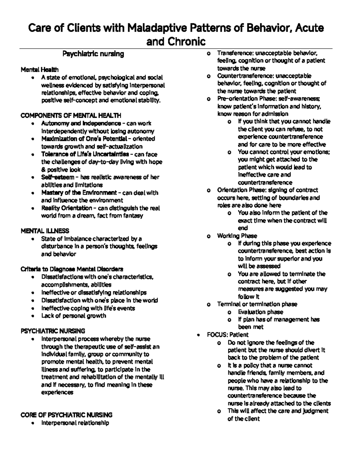 Psychiatric-nursing - For academic purposes - Care of Clients with Maladaptive Patterns of ...