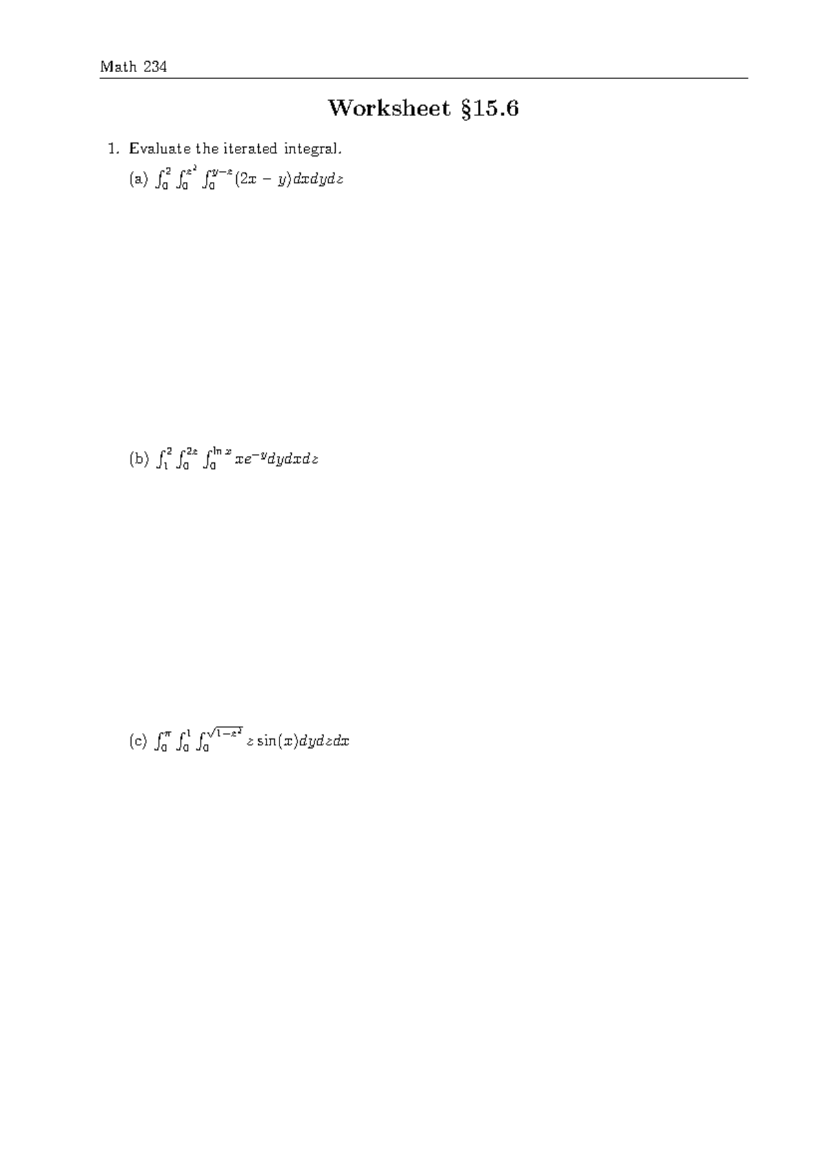 Math 234 - Worksheet 15: Evaluating Iterated and Triple Integrals - Studocu