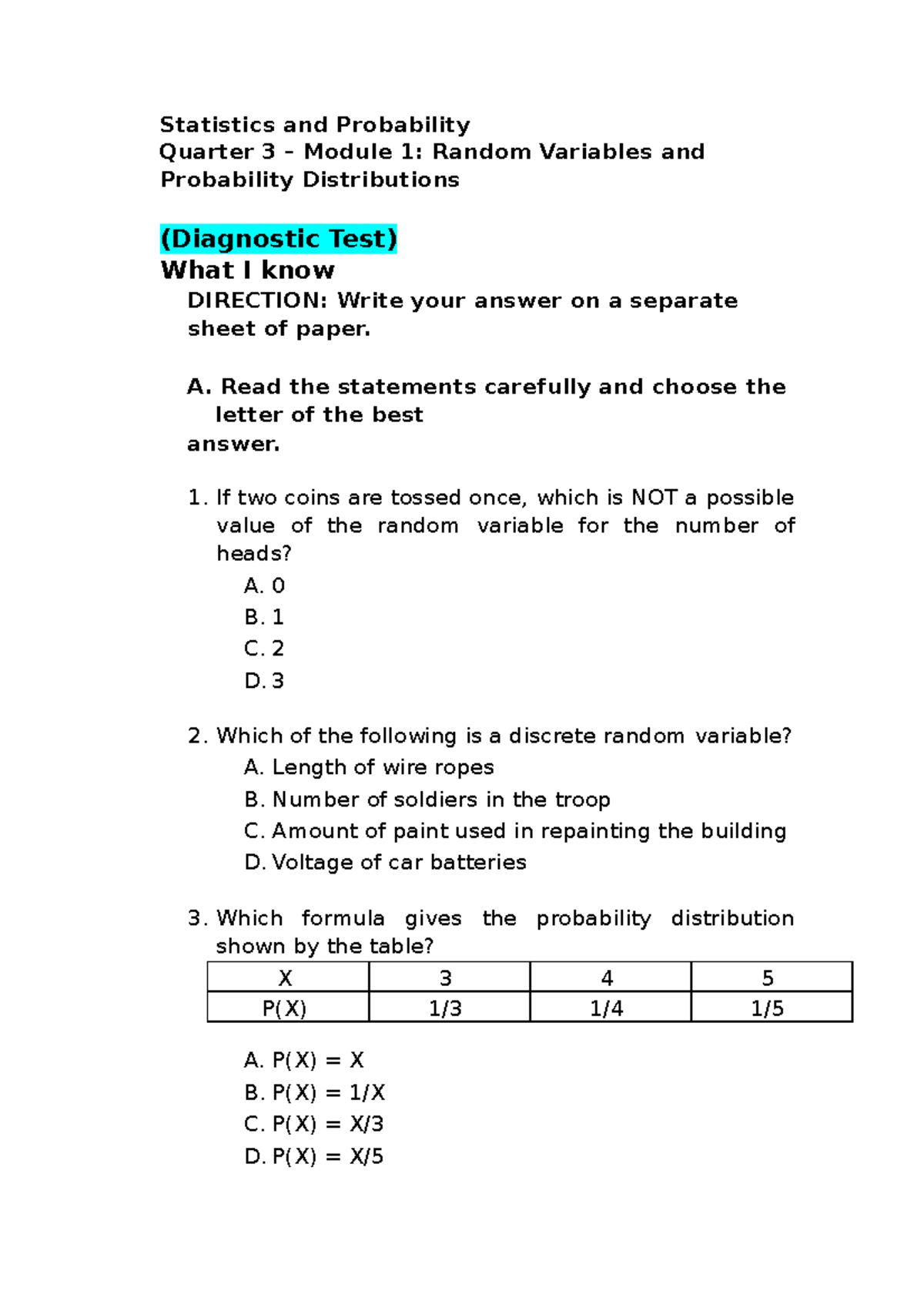 Statistics Probability Quarter 3 Module 1: Random Variables and ...
