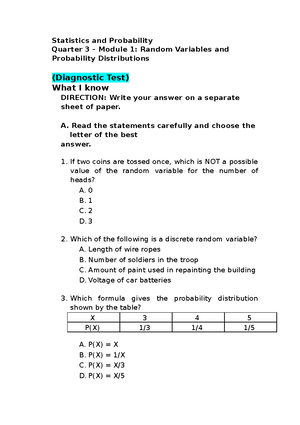Statistics Probability Quarter 3 Module 2: Mean and Variance of ...