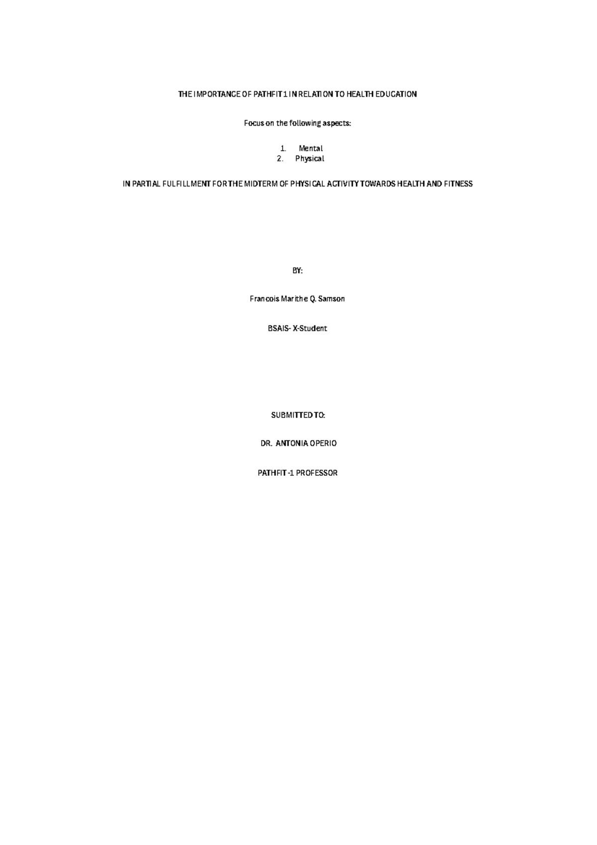 The Significance of PATHFIT 1 in Health Education: Midterm Study - Studocu