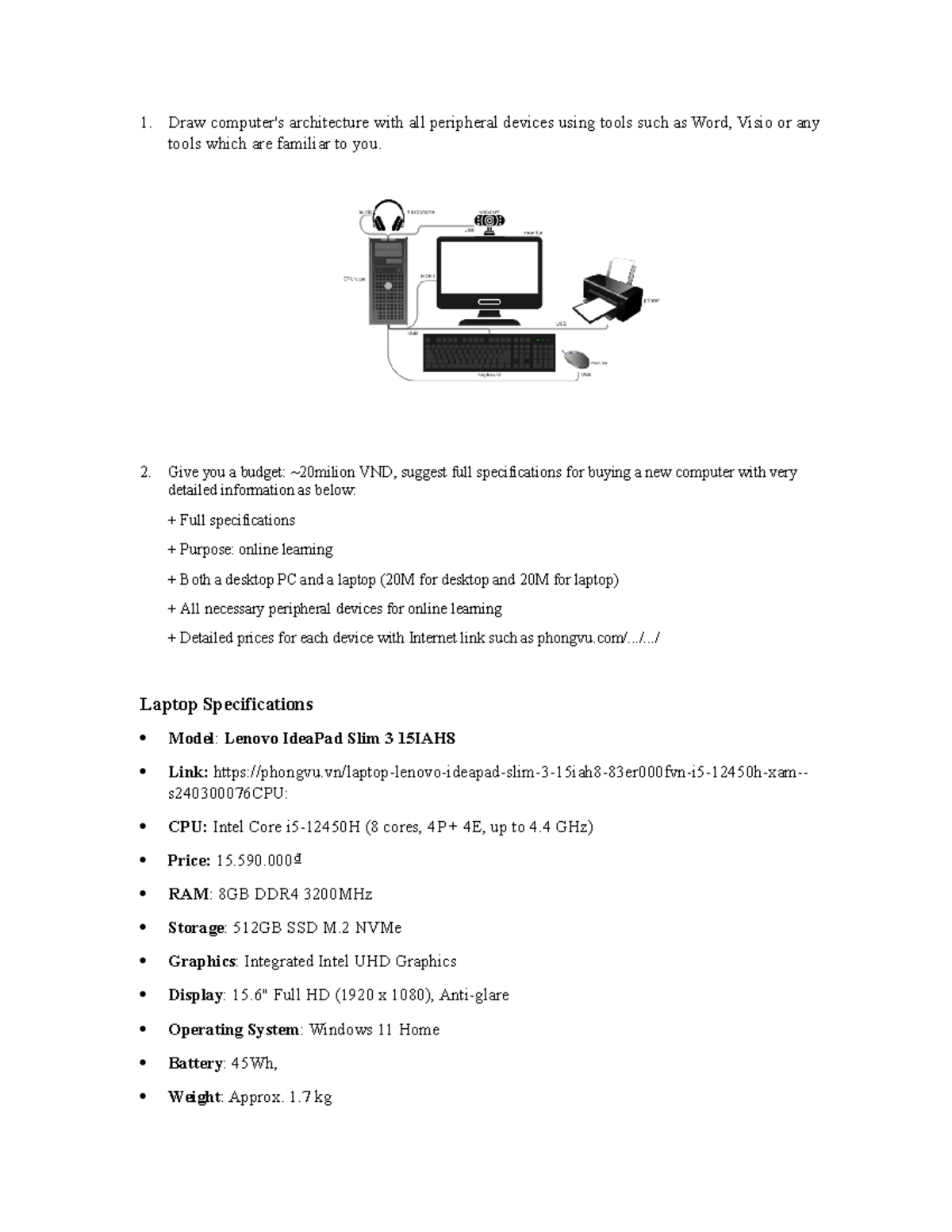 IT Infrastructure Assignment: Computer Specs & Peripheral Devices for ...