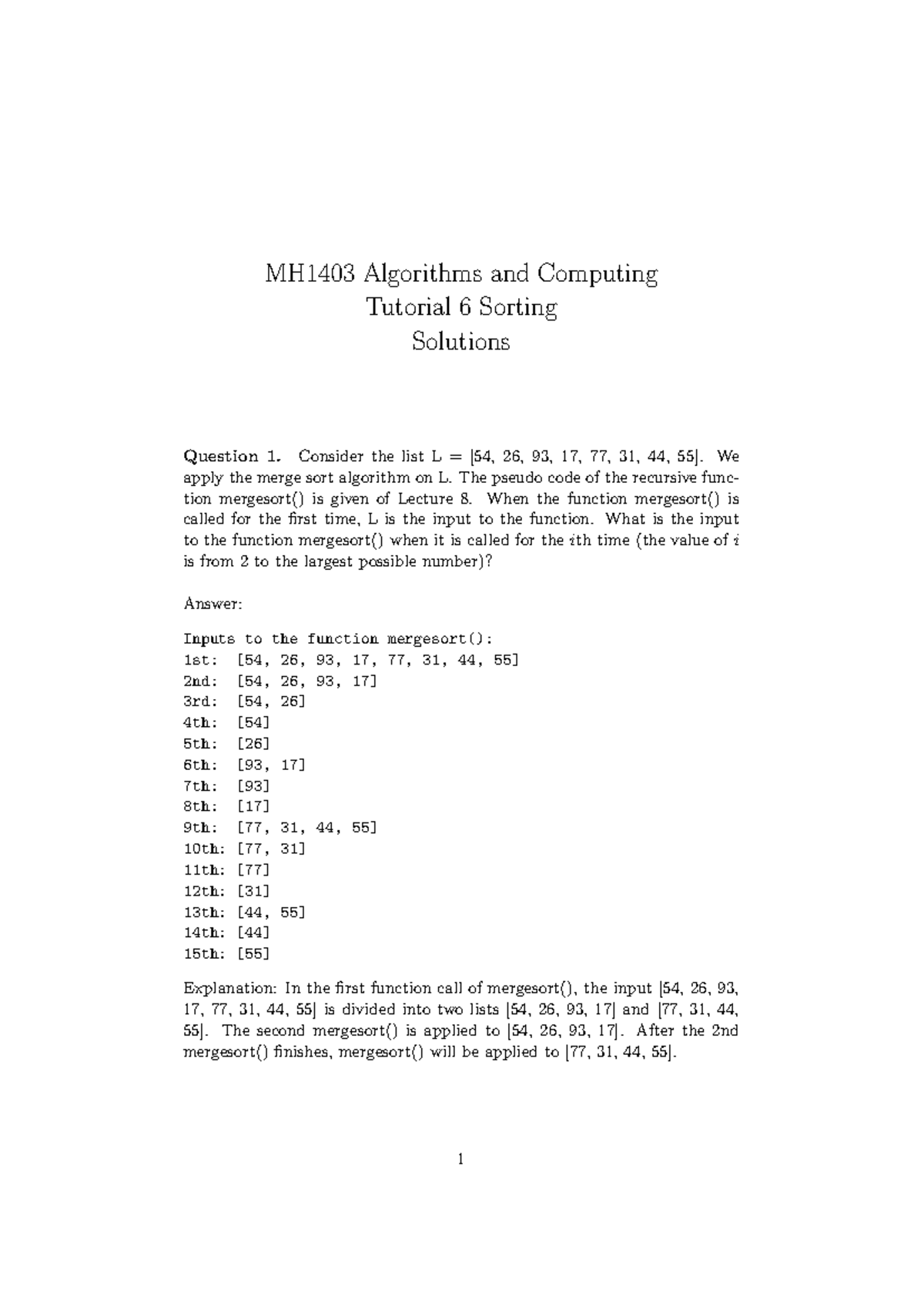 MH1403 Algorithms and Computing Tutorial 6: Merge & Quick Sort ...
