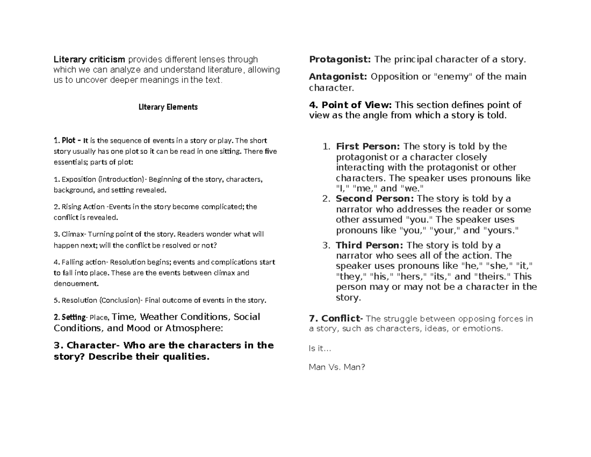 Literary Elements - Literary criticism provides different lenses ...