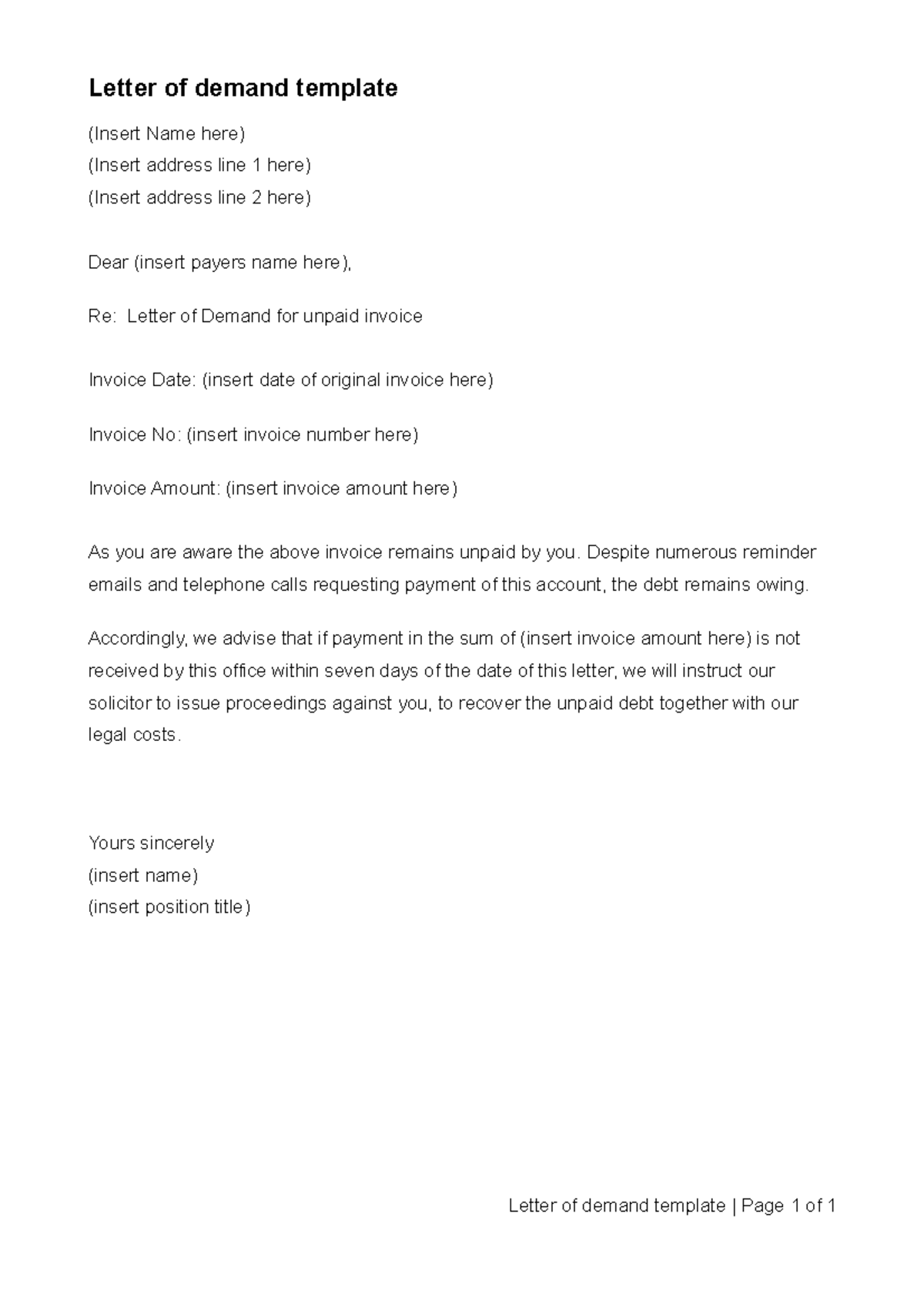 Demand Letter Template for Unpaid Invoice - Studocu