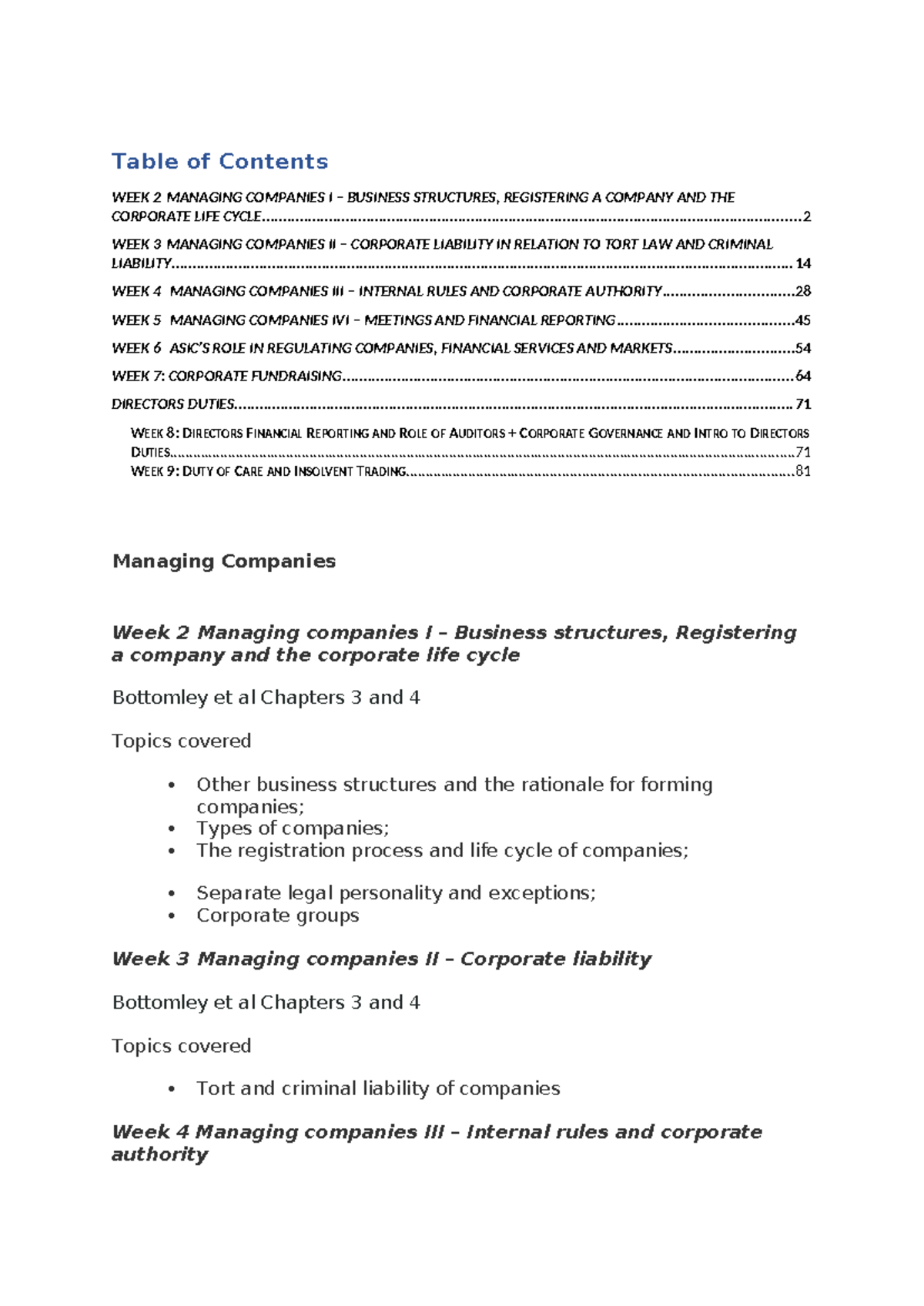 Corporate Law Lectures: Managing Companies I-IX Overview - Studocu