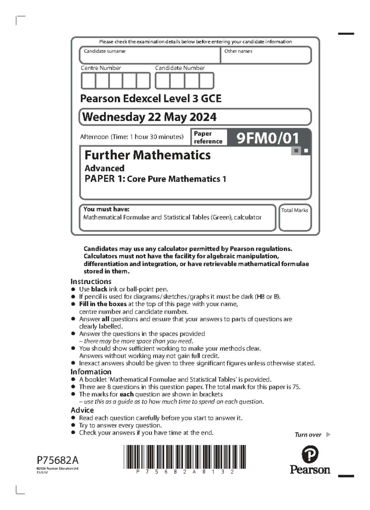 A Level Further Mathematics (PAPER 1) Exam Details - May 2024 - Studocu