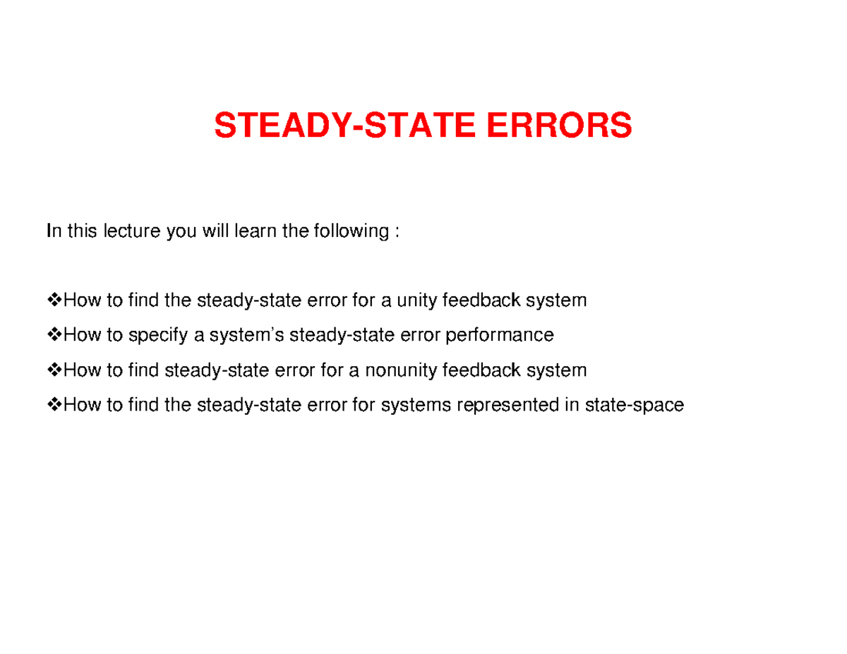 Steady-state error relatie met T(s) - STEADY-STATE ERRORS In this ...
