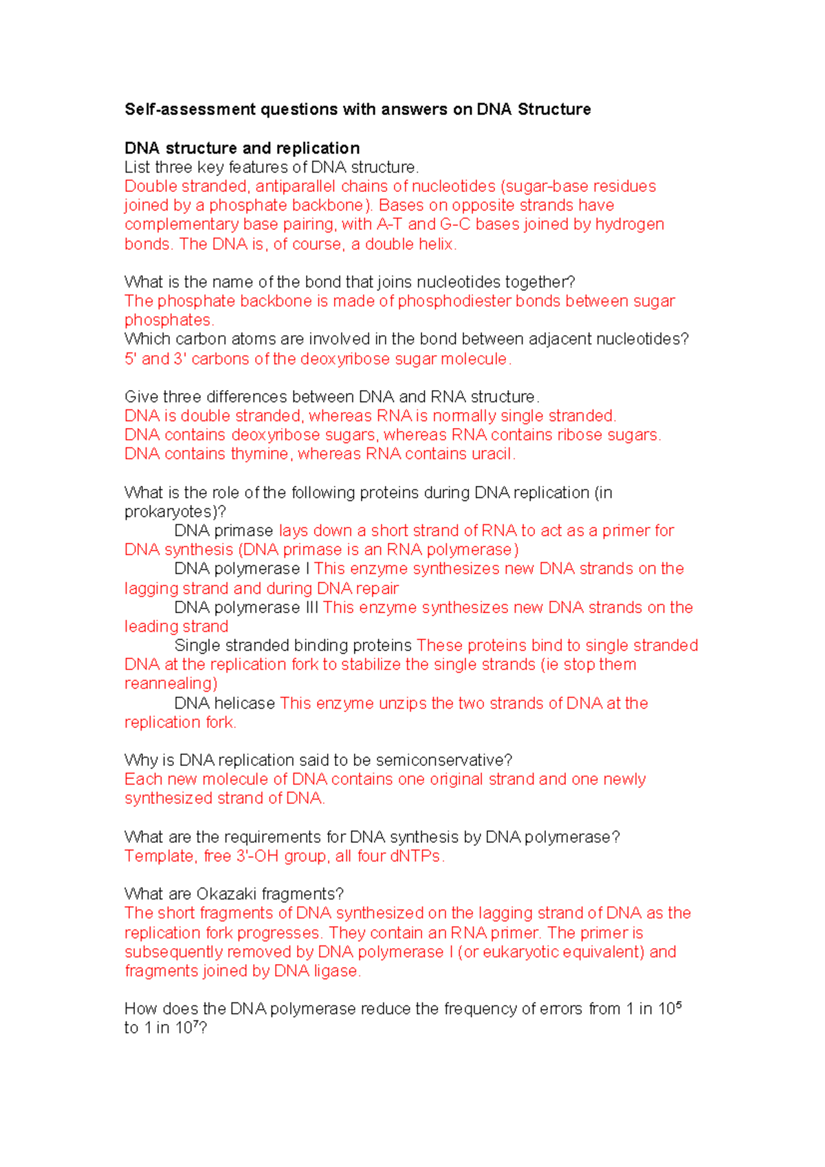 Self Assessment Questions with answers on DNA Structure - Self ...