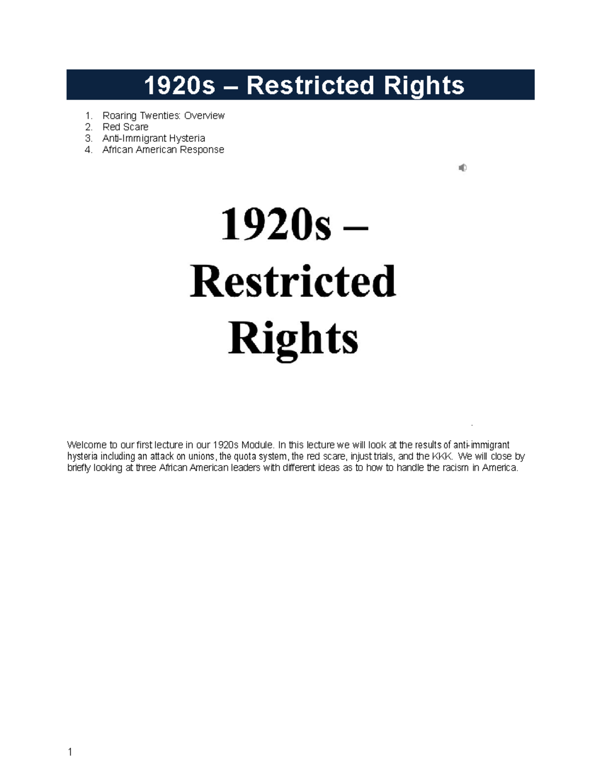 1920s: Examining Anti-Immigrant Hysteria & Civil Rights Restrictions ...