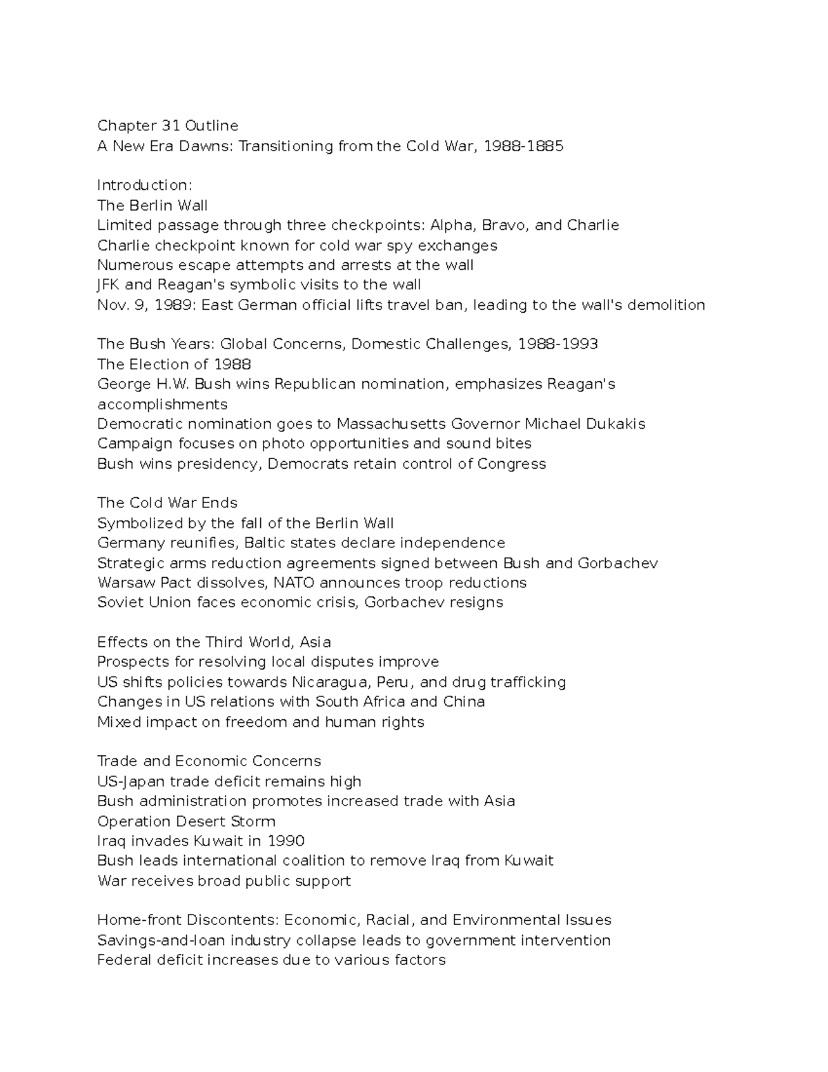 Chapter 31 Outline: Transition from Cold War in 1988 Era - Studocu