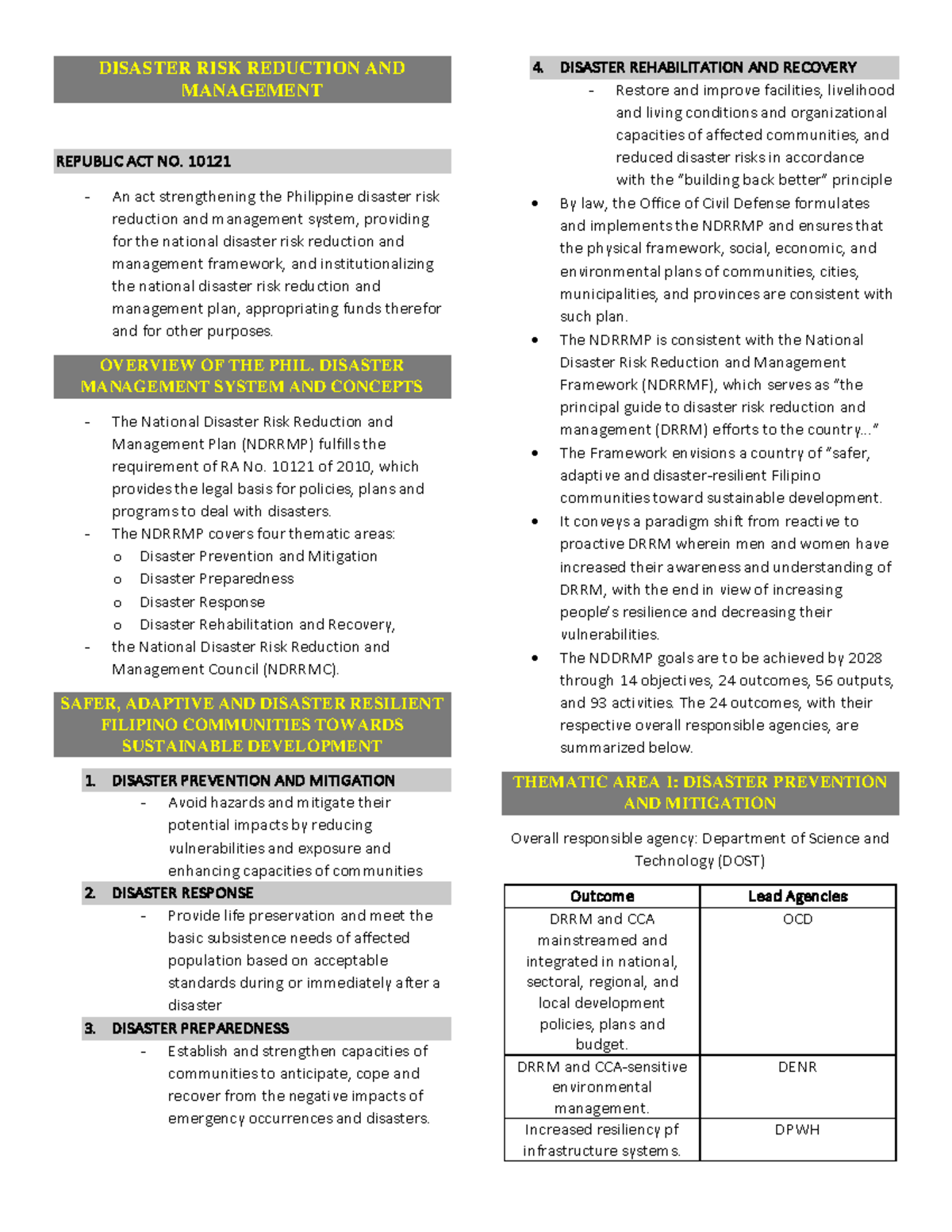 CWTS LEC DRRM - Lecture notes 1 - DISASTER RISK REDUCTION AND ...