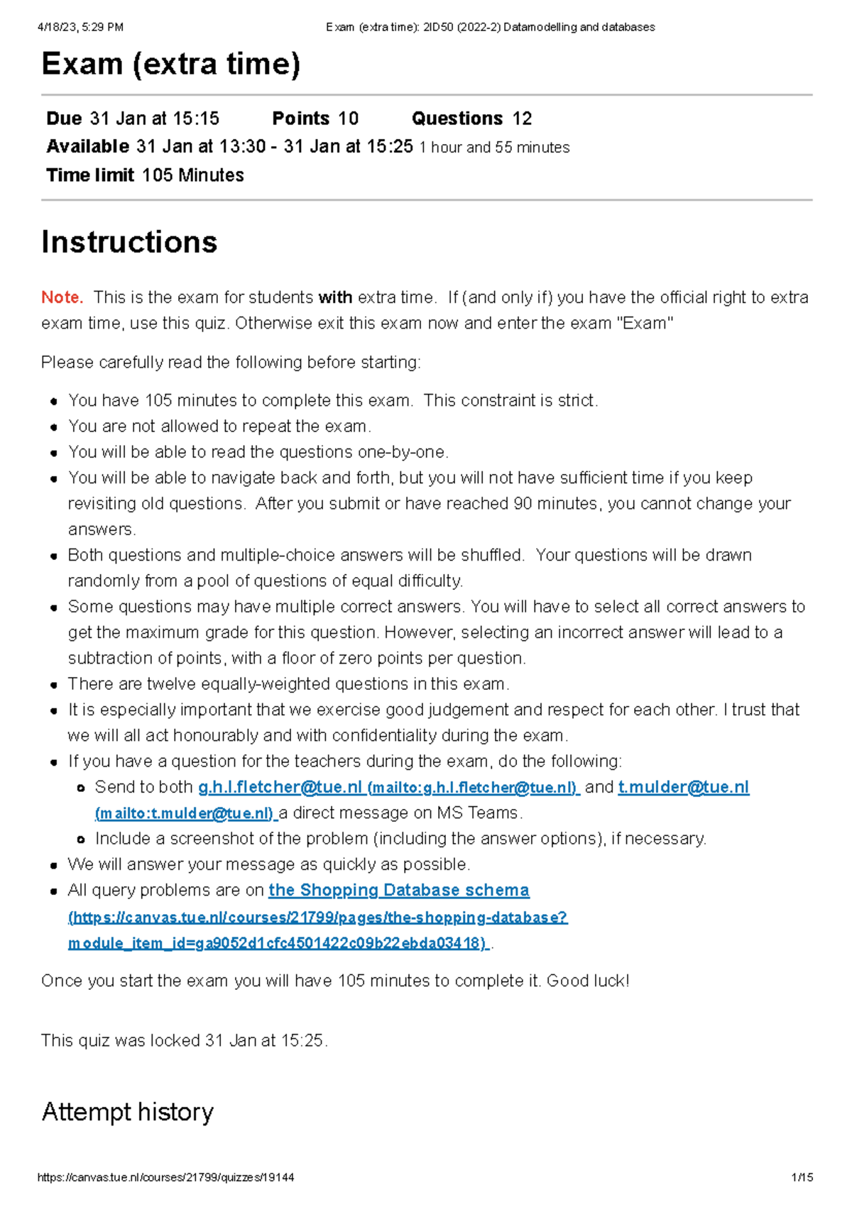 Exam Quiz on Database Modelling with Extra Time Accommodations ...