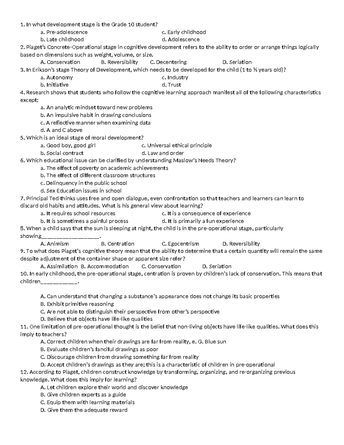 Exam Questions for CAD-BEED: Child Development and Learning - Studocu