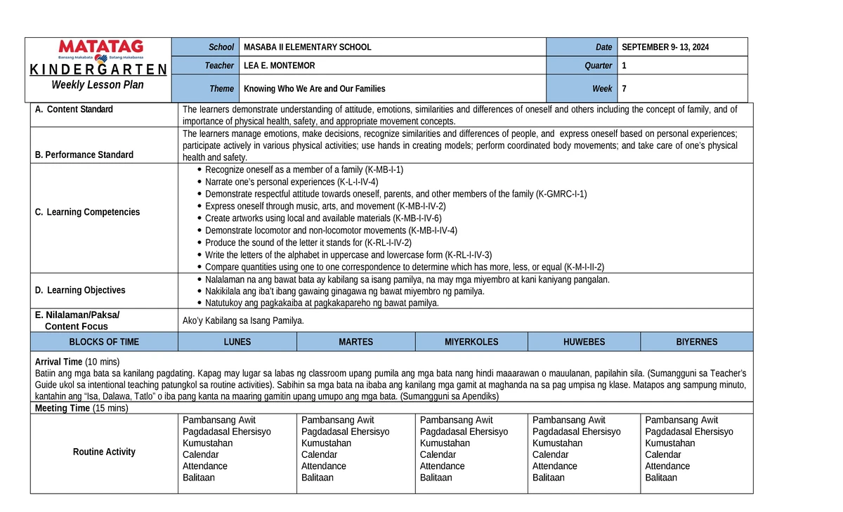 WEEK 4 DLL Matatag - Kindergarten Lesson Plan on Emotions & Family ...