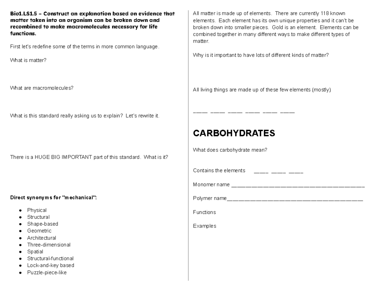 Bio1.LS1.5 & LS1.1 Evidence-Based Explanation of Matter ...