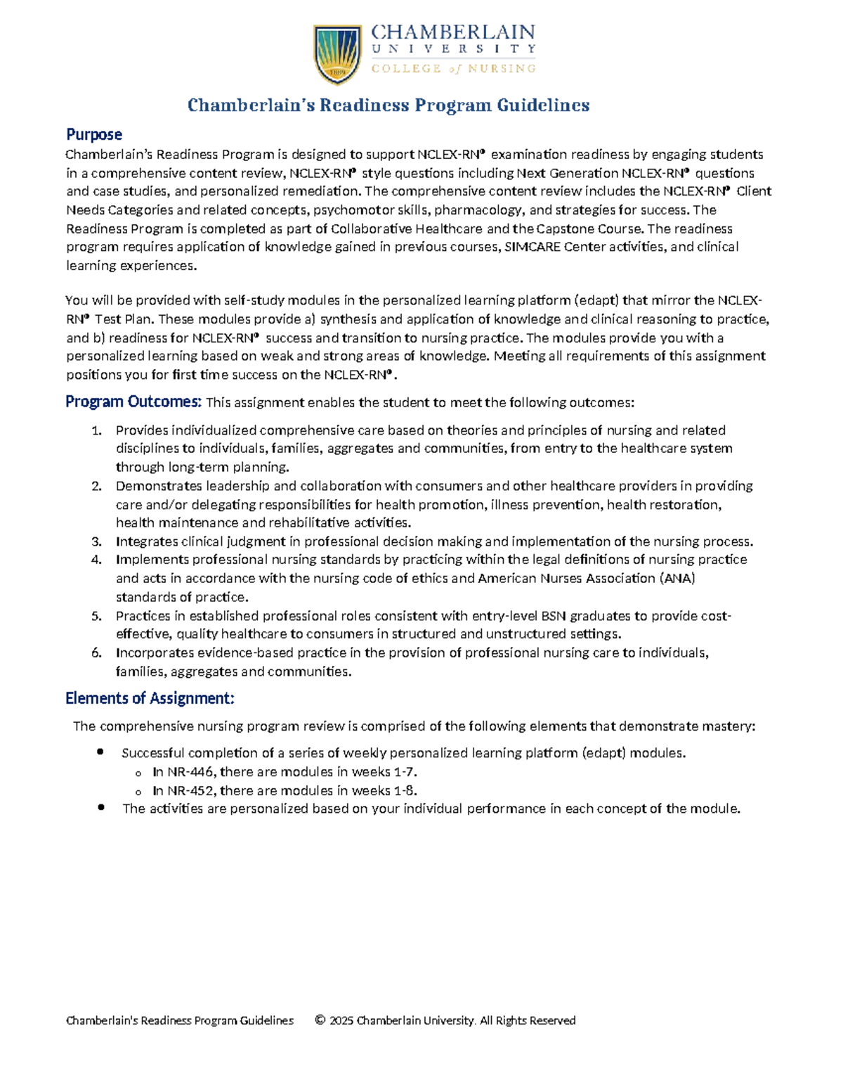 Chamberlain University Readiness Program Assignment Guidelines - Studocu