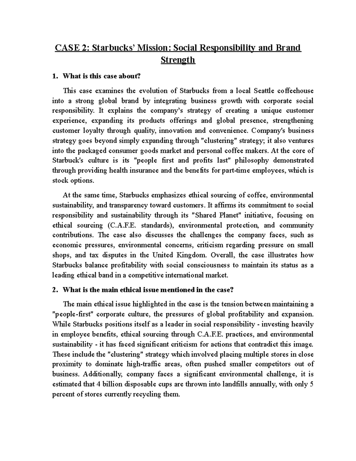 CASE 2: Starbucks' Social Responsibility and Brand Strength Analysis ...