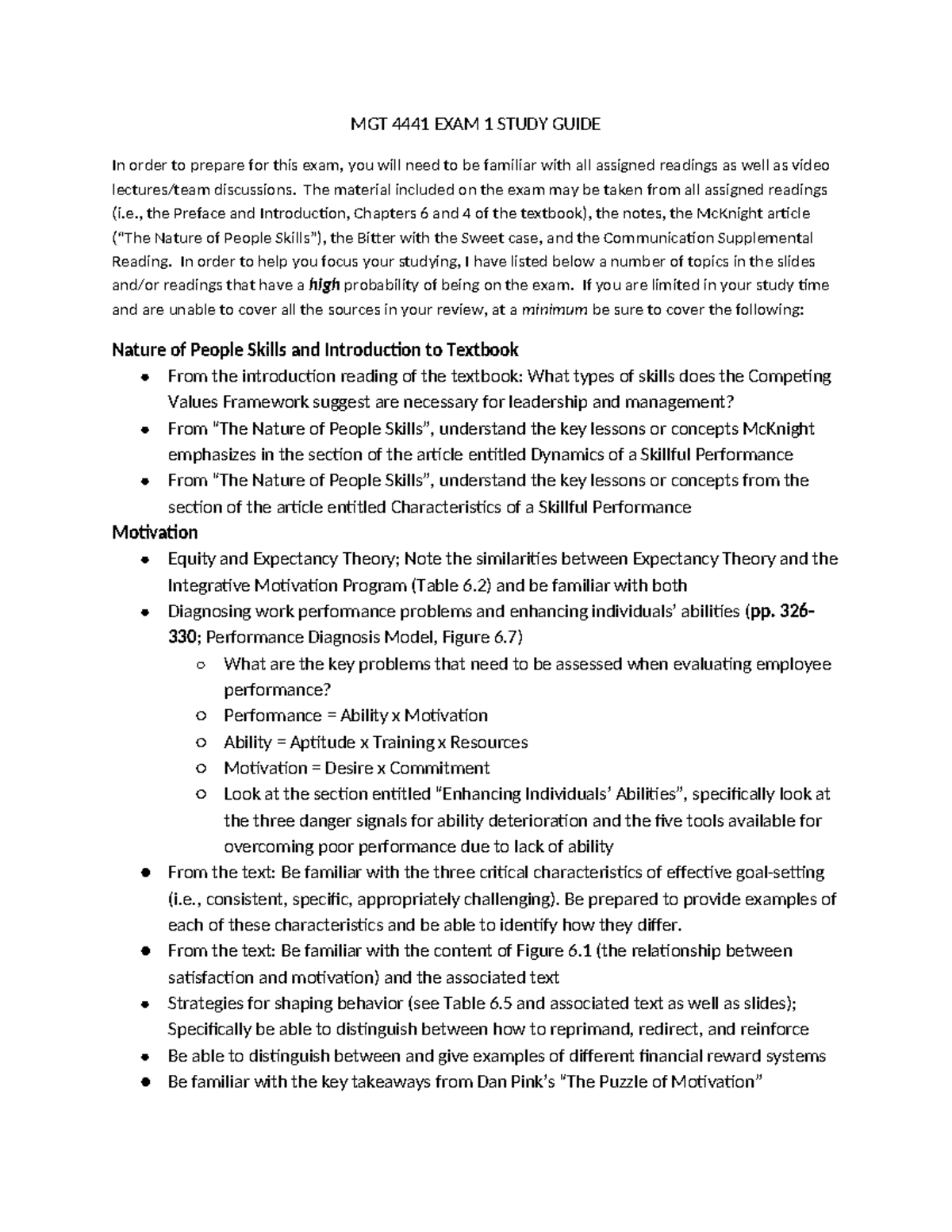 MGT 4441 Exam 1 Study Guide: Key Concepts & Skills Overview - Studocu
