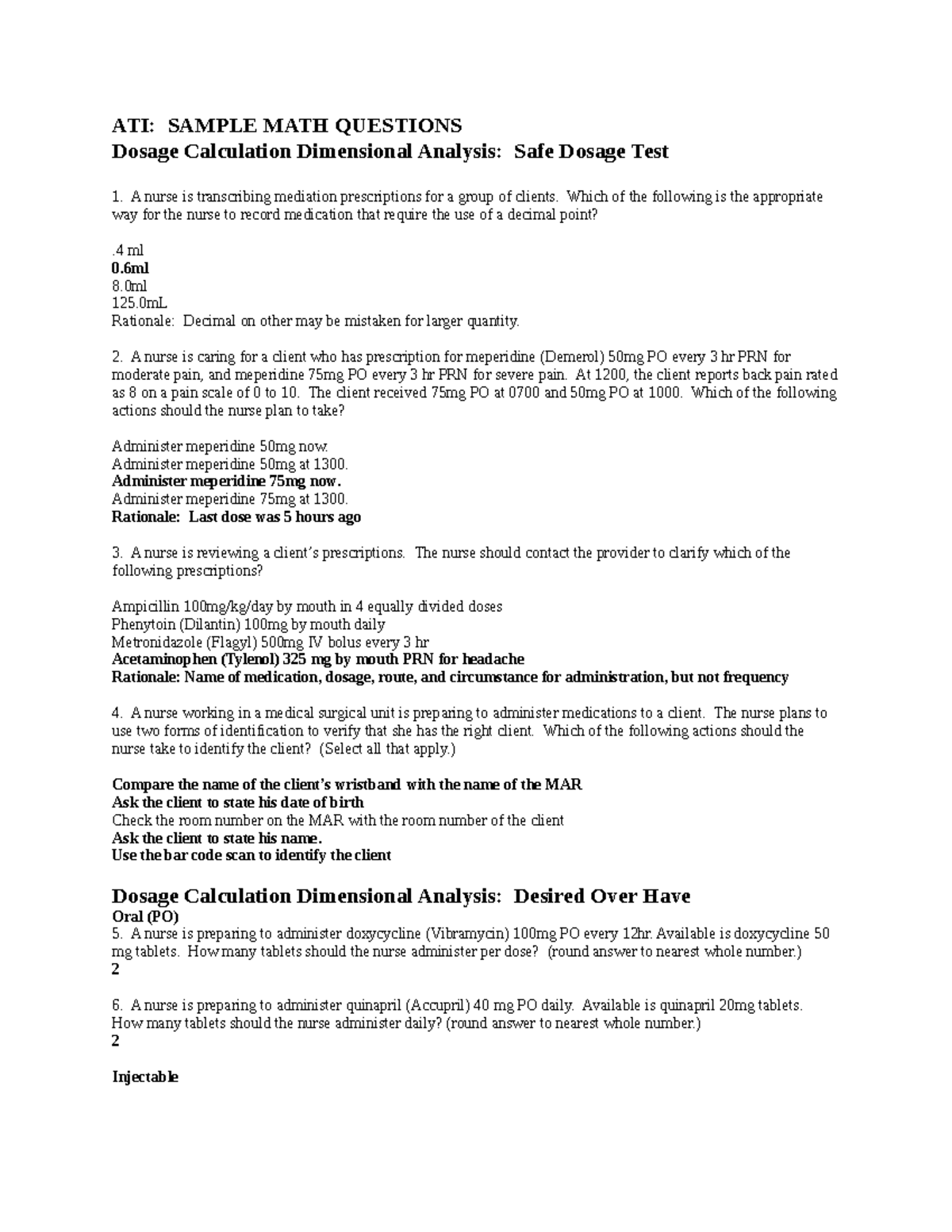ATI Sample MATH Questions: Dosage Calculation & Dimensional Analysis ...