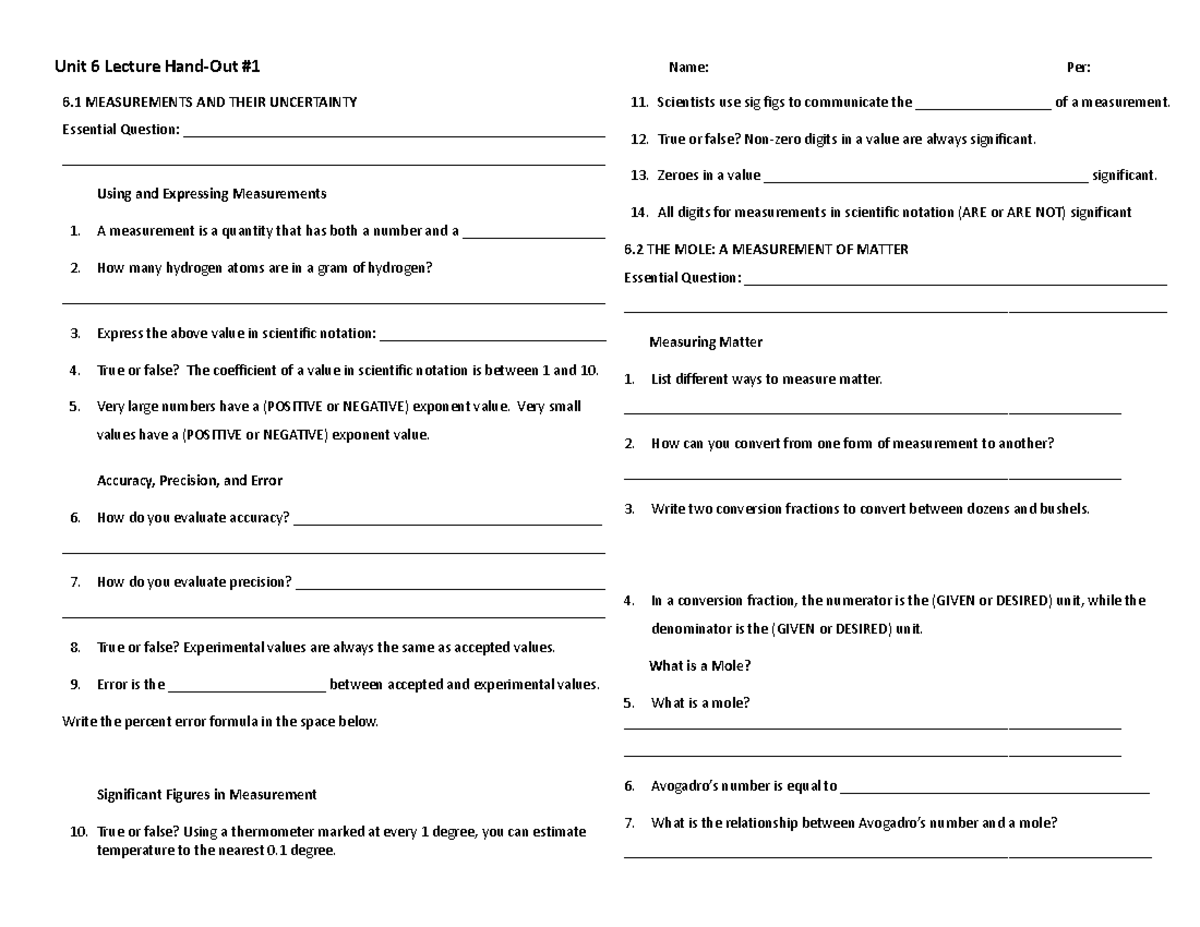 Chem 06 Lecture 1: Measurements, Uncertainty, and Moles Overview - Studocu