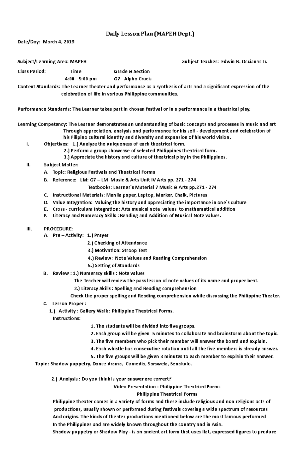 3rd lesson plan Philippine theatrical forms - Daily Lesson Plan (MAPEH ...