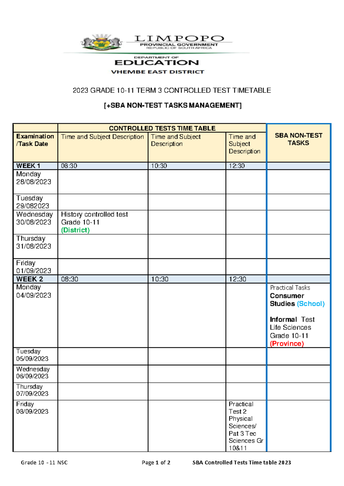 FET Term 3 Controlled Tests Timetable for Grades 10 & 11 – 2023 - Studocu