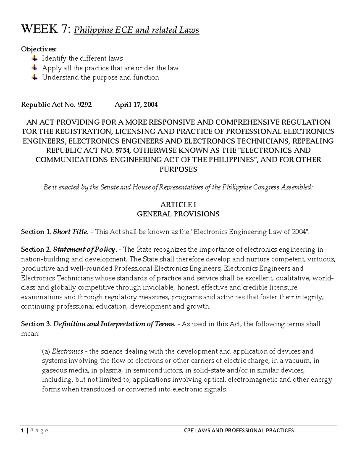 W7 Philippime ECE and Related Laws - Objectives: Identify the different laws Apply all the ...