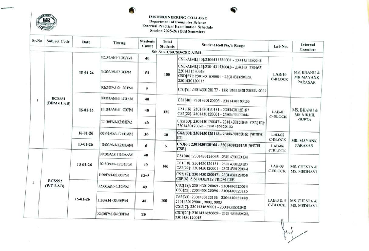 AERINQ CSE 3rd Yr External Practical Exam Schedule (Odd Sem) - Studocu