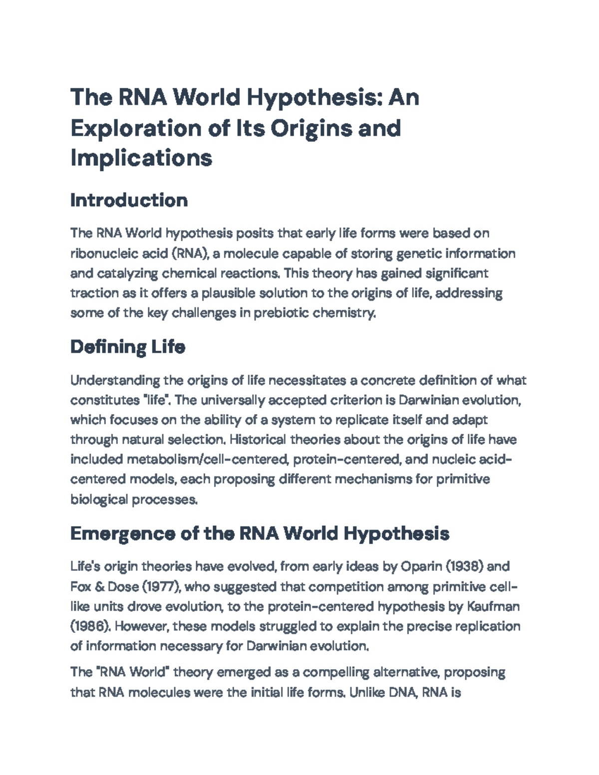 The RNA World Hypothesis: Origins, Implications, and Challenges - The ...