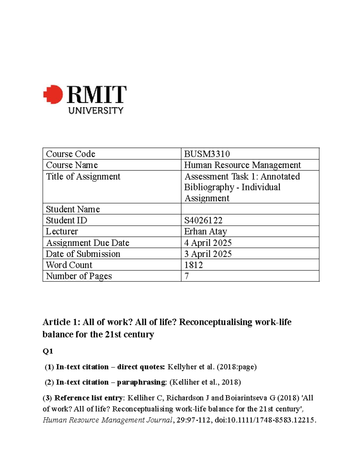 BUSM3310 Human Resource Management Assessment 1: Annotated Bibliography ...